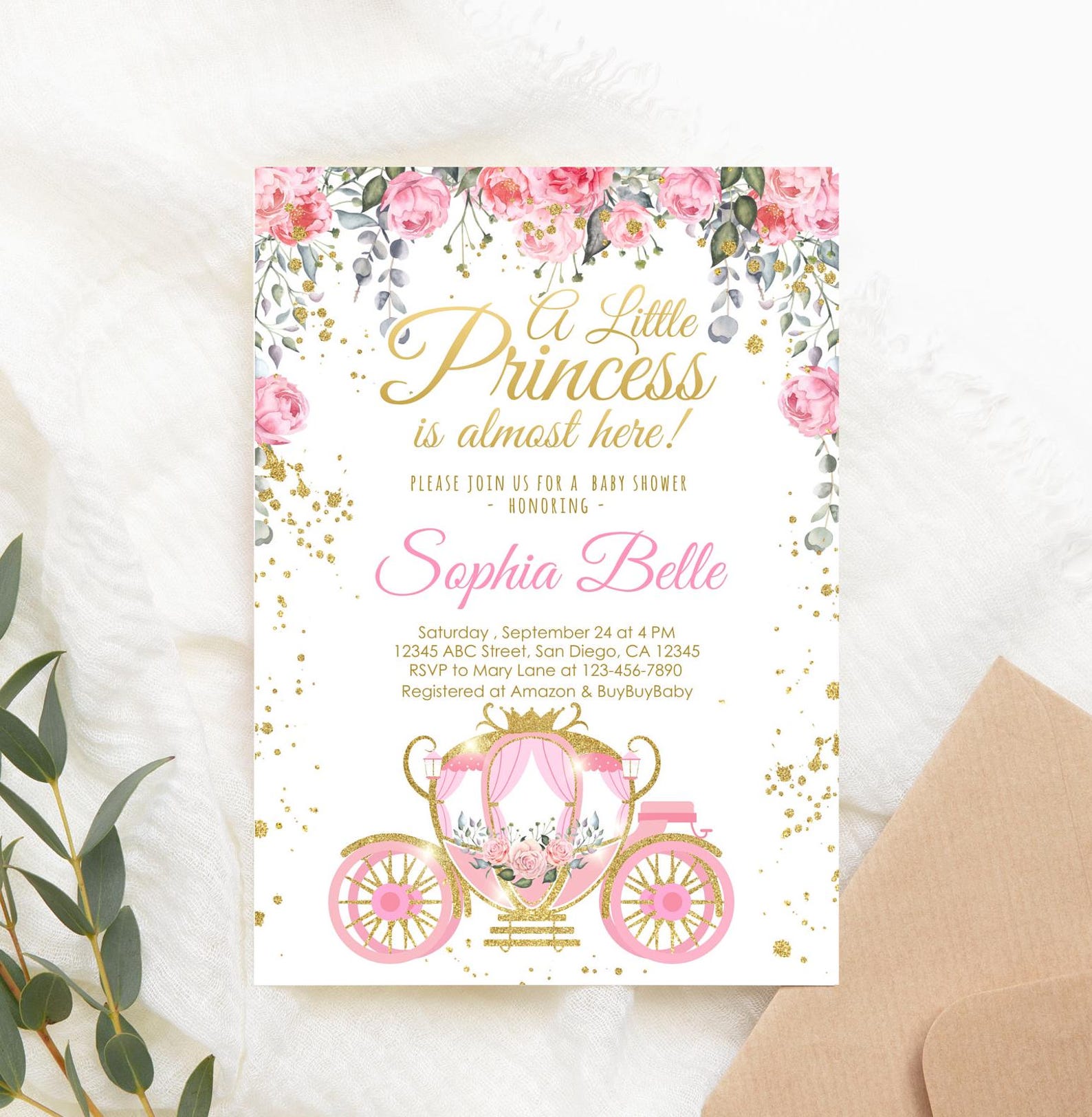 Editable Princess Baby Shower Invitation Set PRINTABLE Princess Floral ...