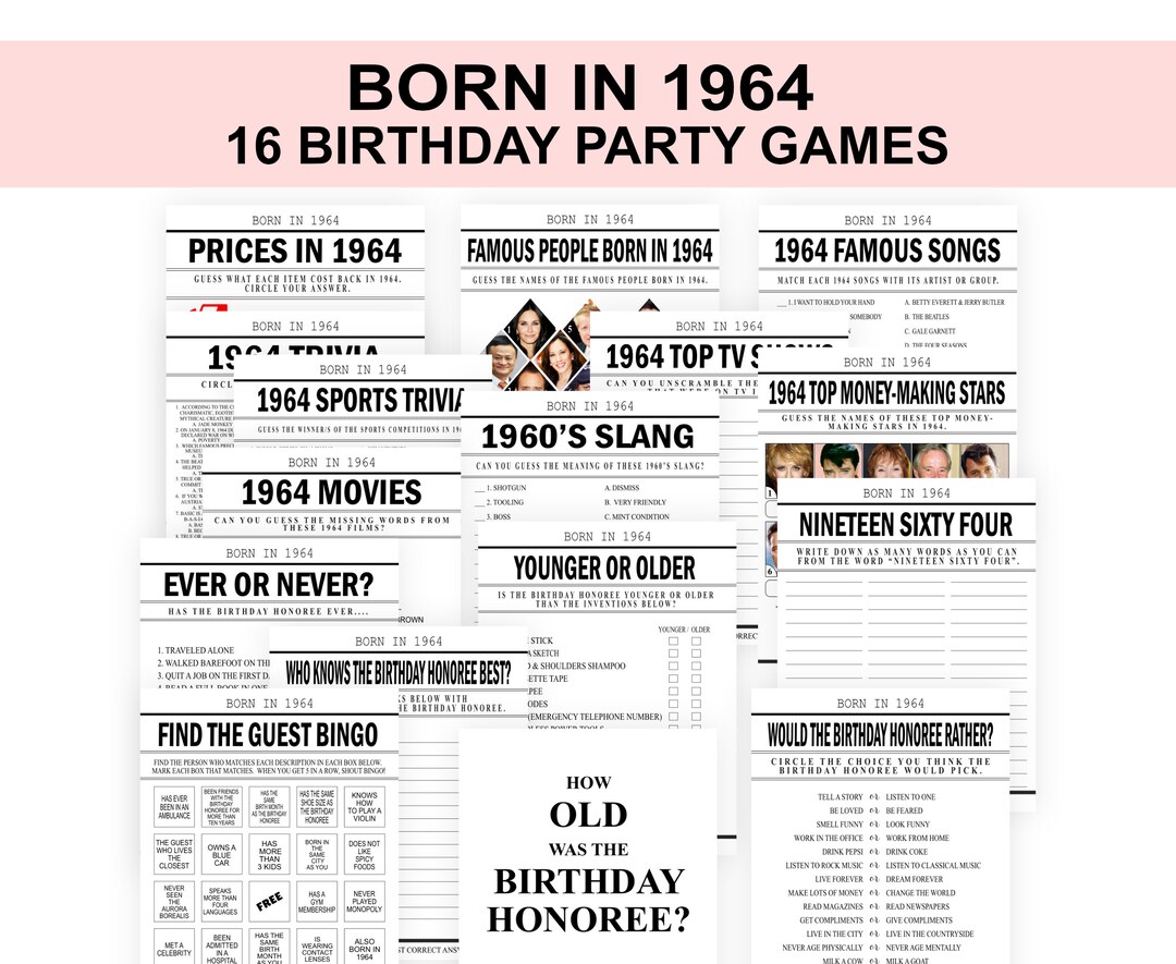 60th Birthday Games Born in 1964 Printable Fun Activities Bundle 1964 ...