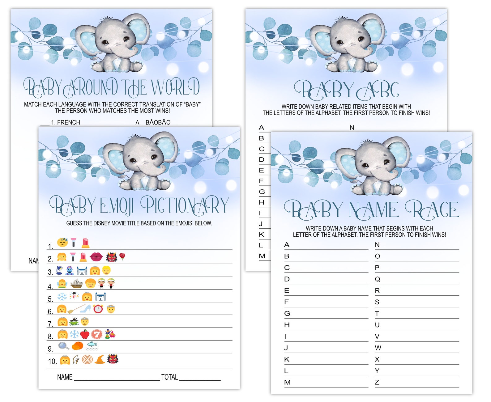 Boy Elephant Baby Shower Games Blue Elephant Baby Shower | Etsy