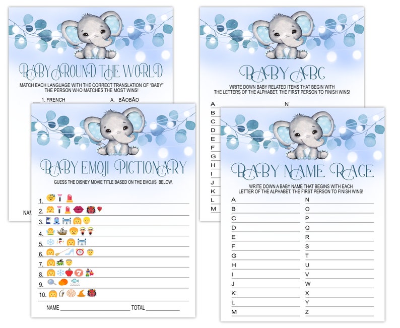 Boy Elephant Baby Shower Games Blue Elephant Baby Shower | Etsy