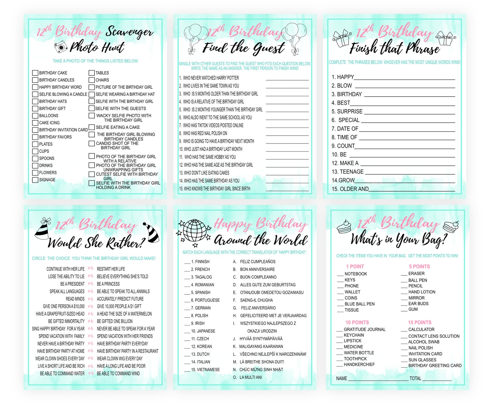 12th Birthday Party Games for Girls Twelve Birthday Game - Etsy