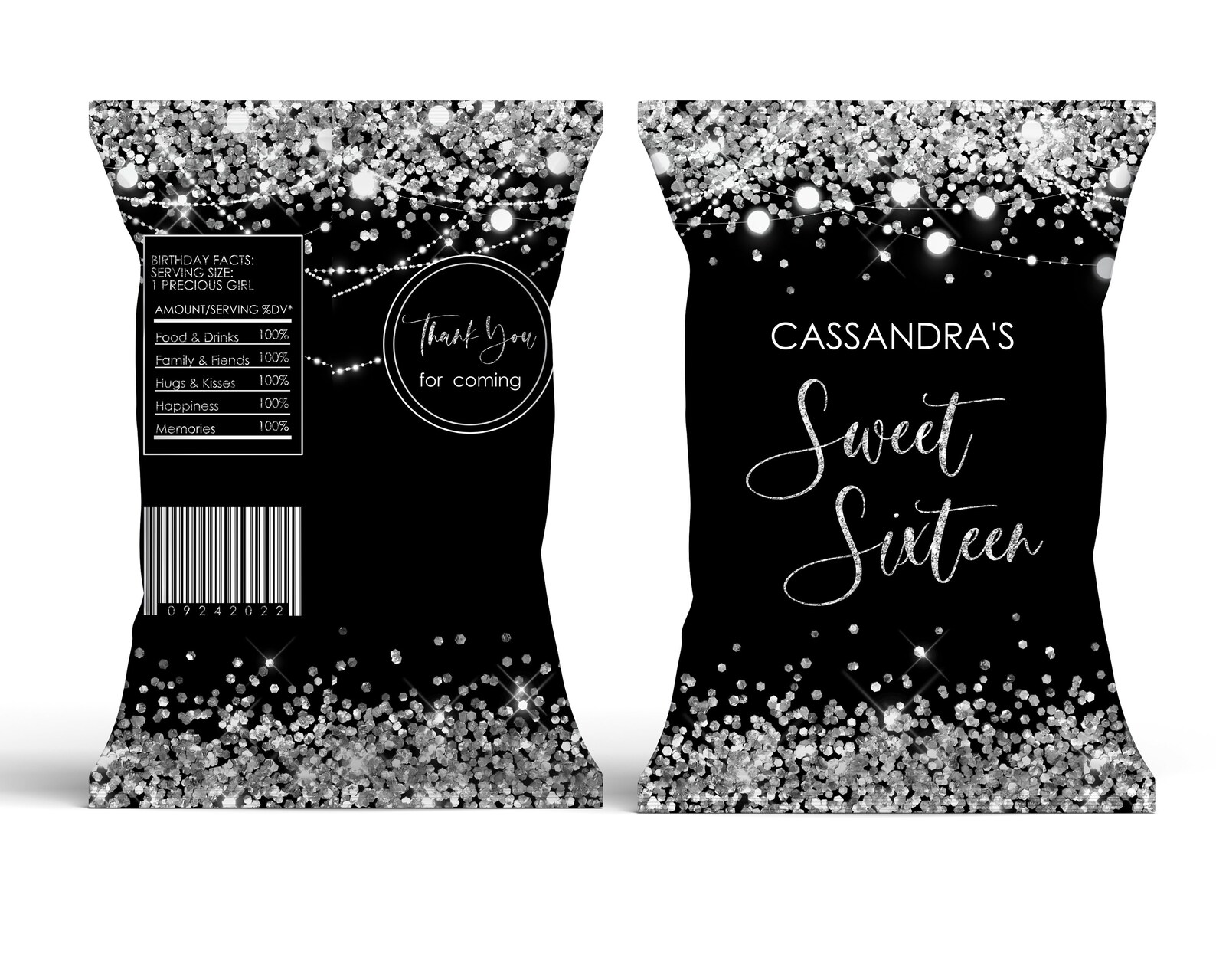 Editable Silver Black Chip Bag Label PRINTABLE Black Silver Glitter ...
