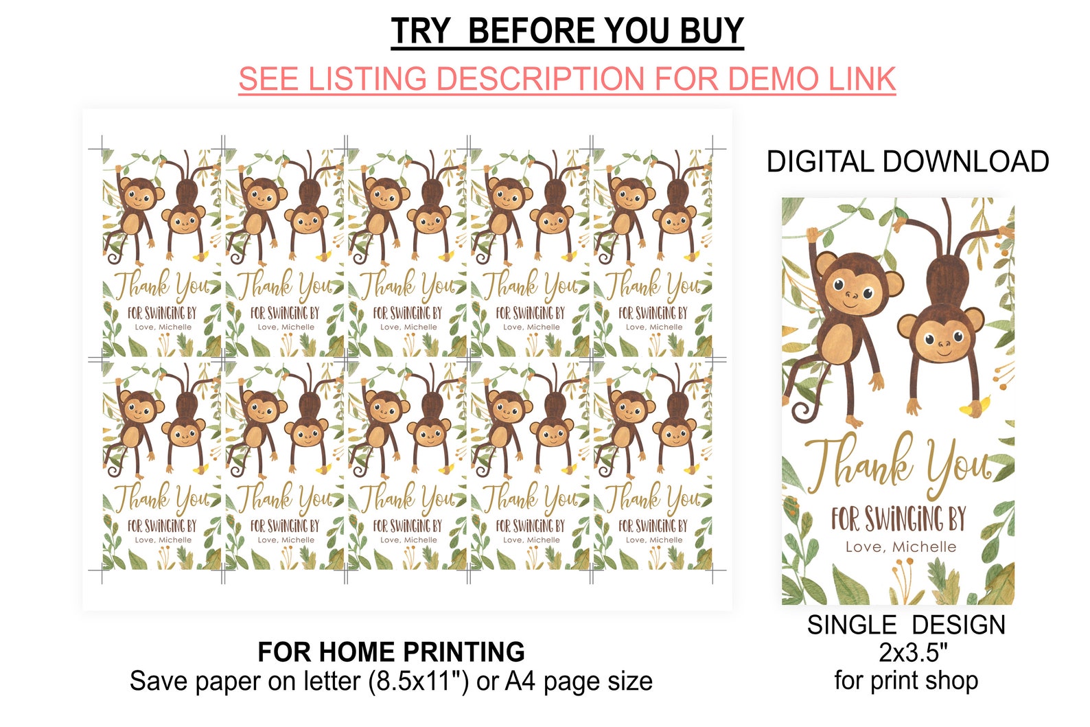 Editable Monkey Thank You Tag Monkey Birthday Thank You Favor - Etsy