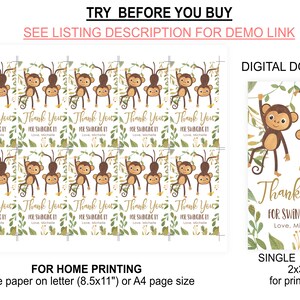 Editable Monkey Thank You Tag Monkey Birthday Thank You Favor Tag Gift ...