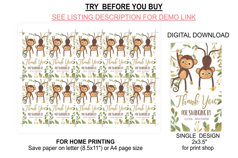Editable Monkey Thank You Tag Monkey Birthday Thank You Favor - Etsy