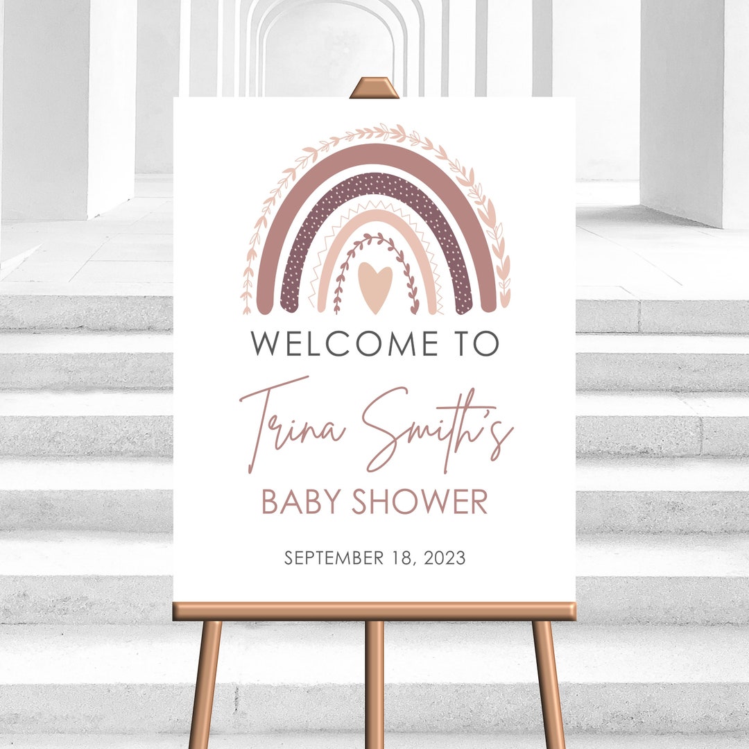 Editable Boho Rainbow Welcome Sign Minimal Simple Baby Shower Welcome ...