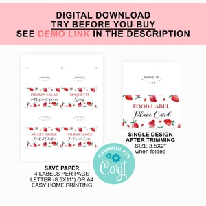 Editable Strawberry Food Label Berry Food Card Table Tent Card Birthday ...