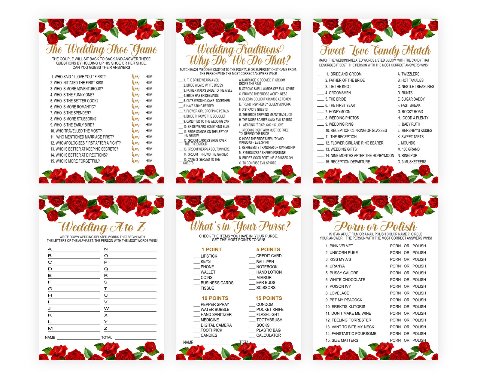 Bridal Shower Games Bundle Pack Red Rose Theme Red Rose - Etsy