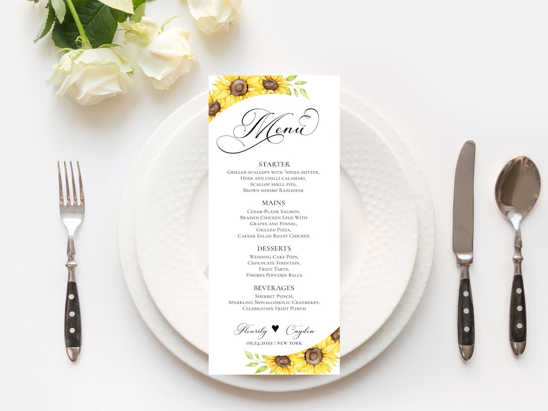 Editable Sunflower Menu Card Label Yellow Floral Garden Theme DIY Food ...