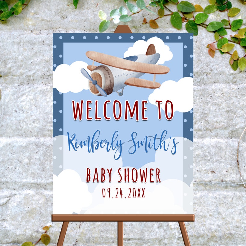 Editable Airplane Welcome Sign Blue Airplane Welcome Sign Baby Shower ...