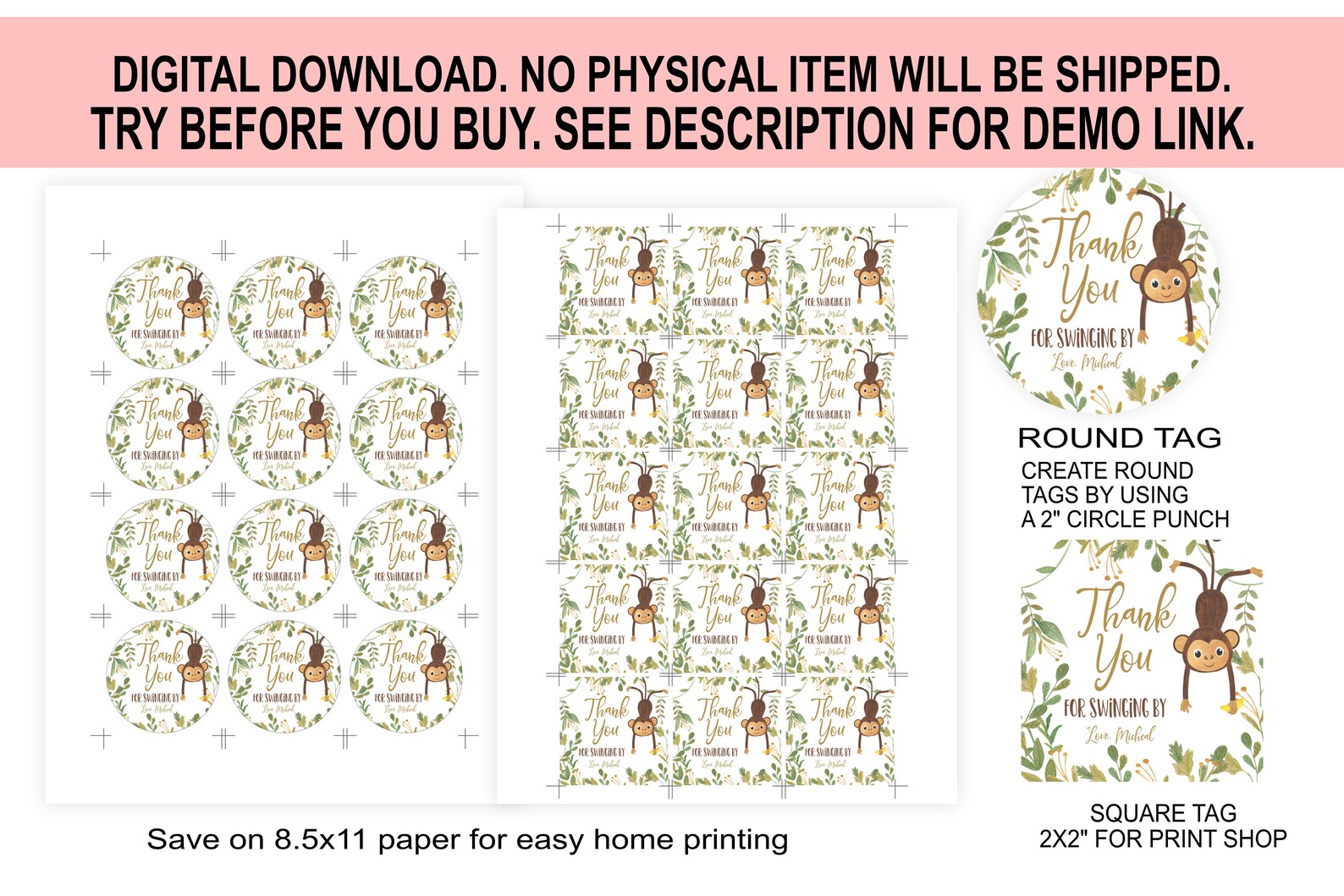 Editable Monkey Thank You Tag Monkey Jungle Favor Tags Baby - Etsy