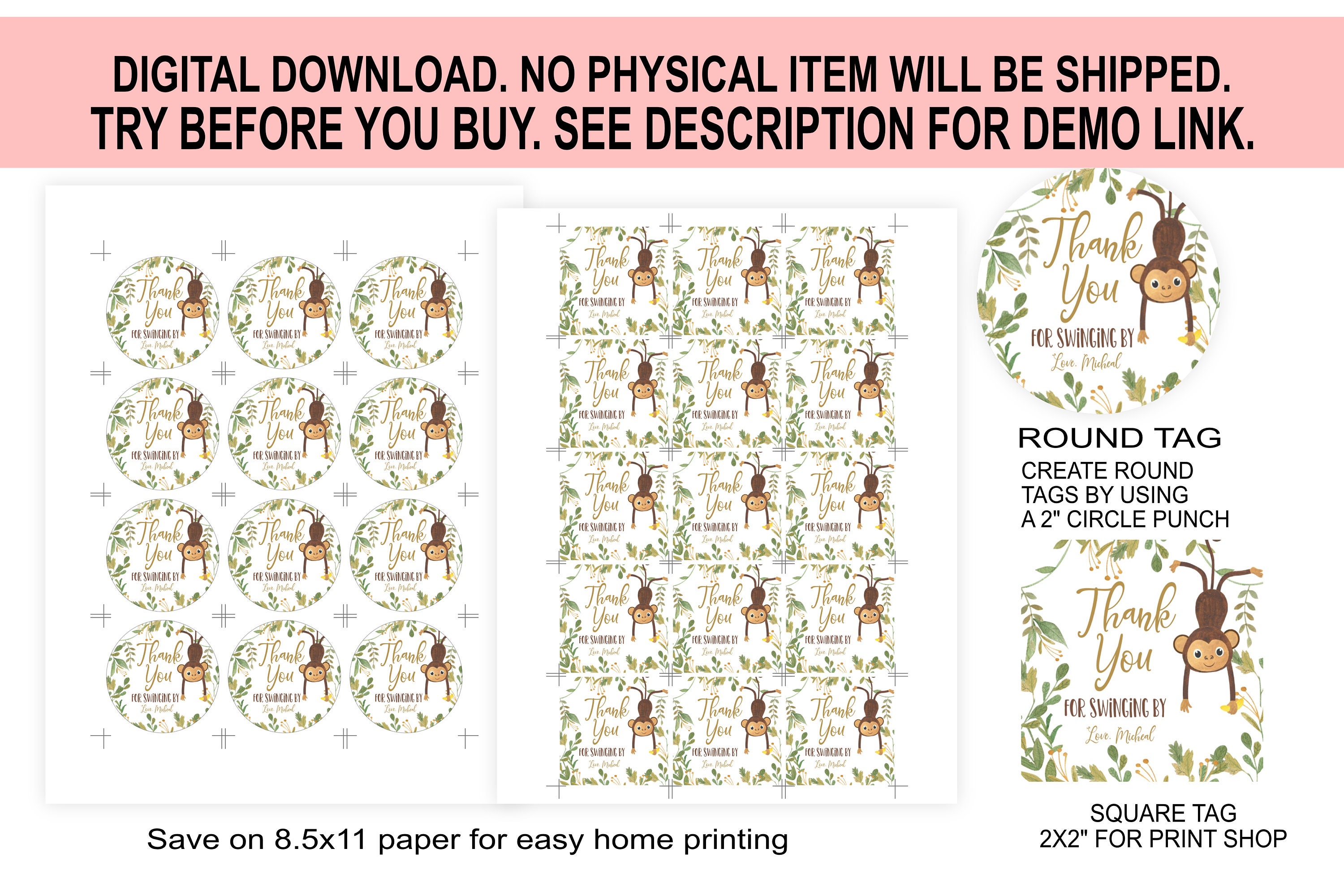 Editable Monkey Thank You Tag Monkey Jungle Favor Tags Baby - Etsy