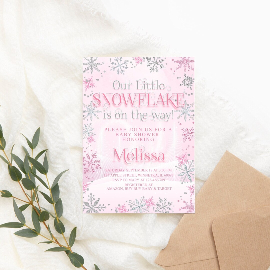 Editable Pink Snowflake Invitation Baby Shower Pink Girl Gray Silver ...