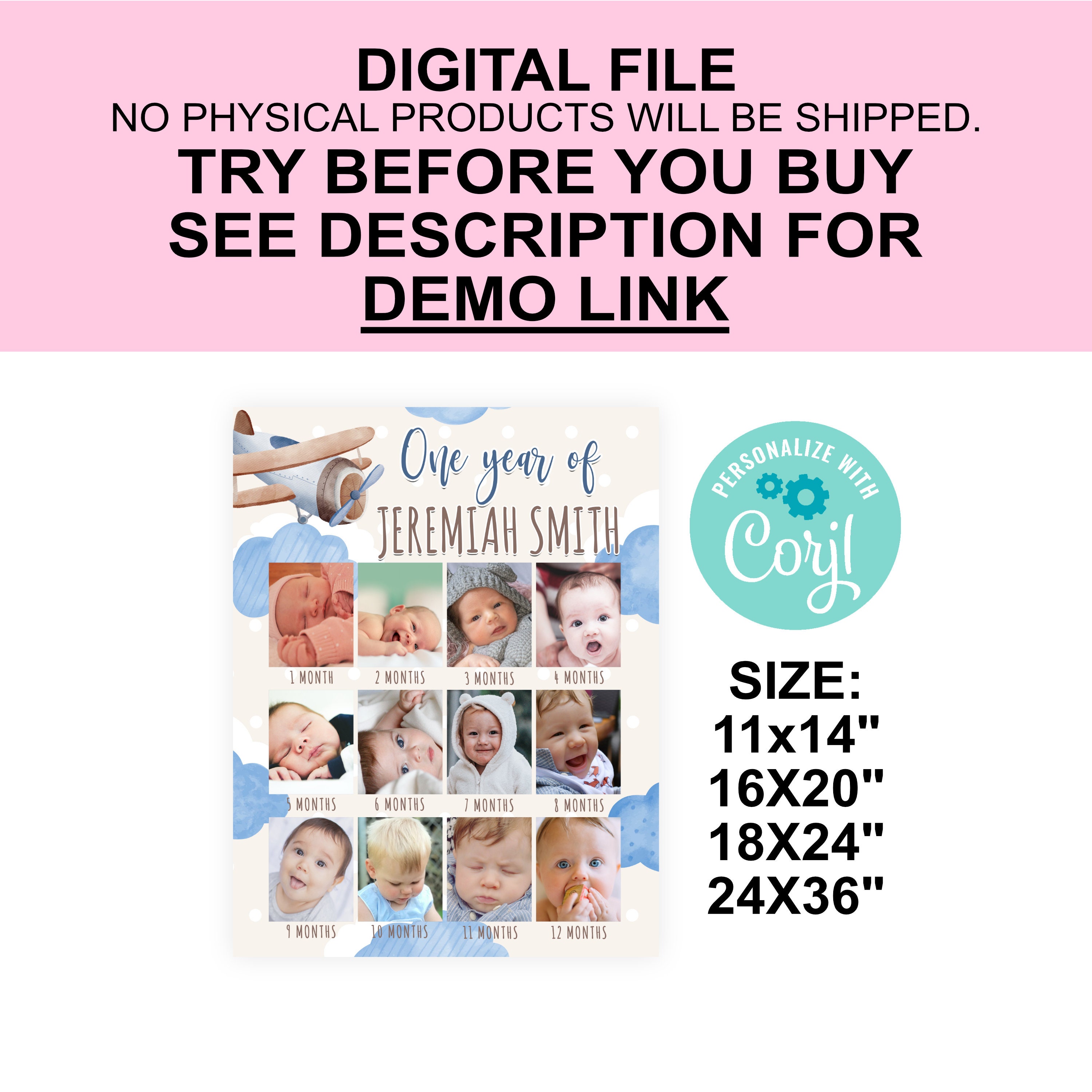 Editable Airplane Blue Baby First Year Photo Poster Milestone Time ...