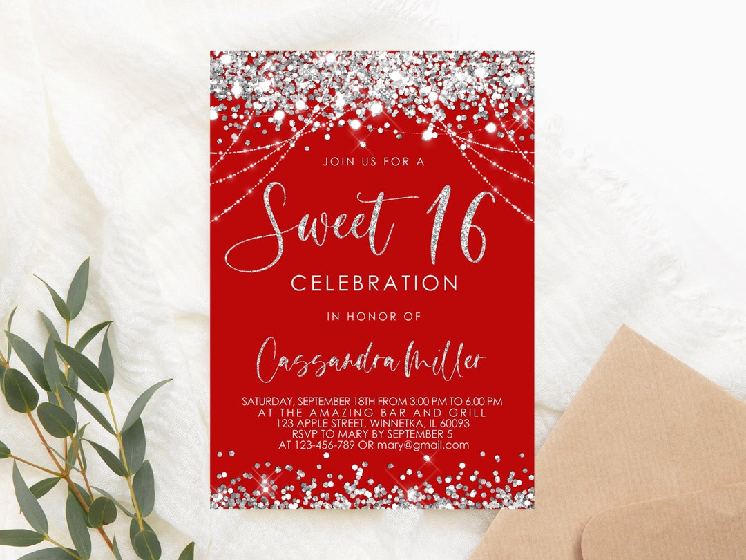 Editable Red Silver Birthday Invitation Printable Sweet Sixteen