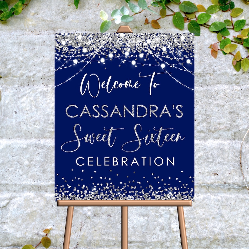 Editable Blue Silver Welcome Sign Birthday Party Silver Glitter Welcome ...