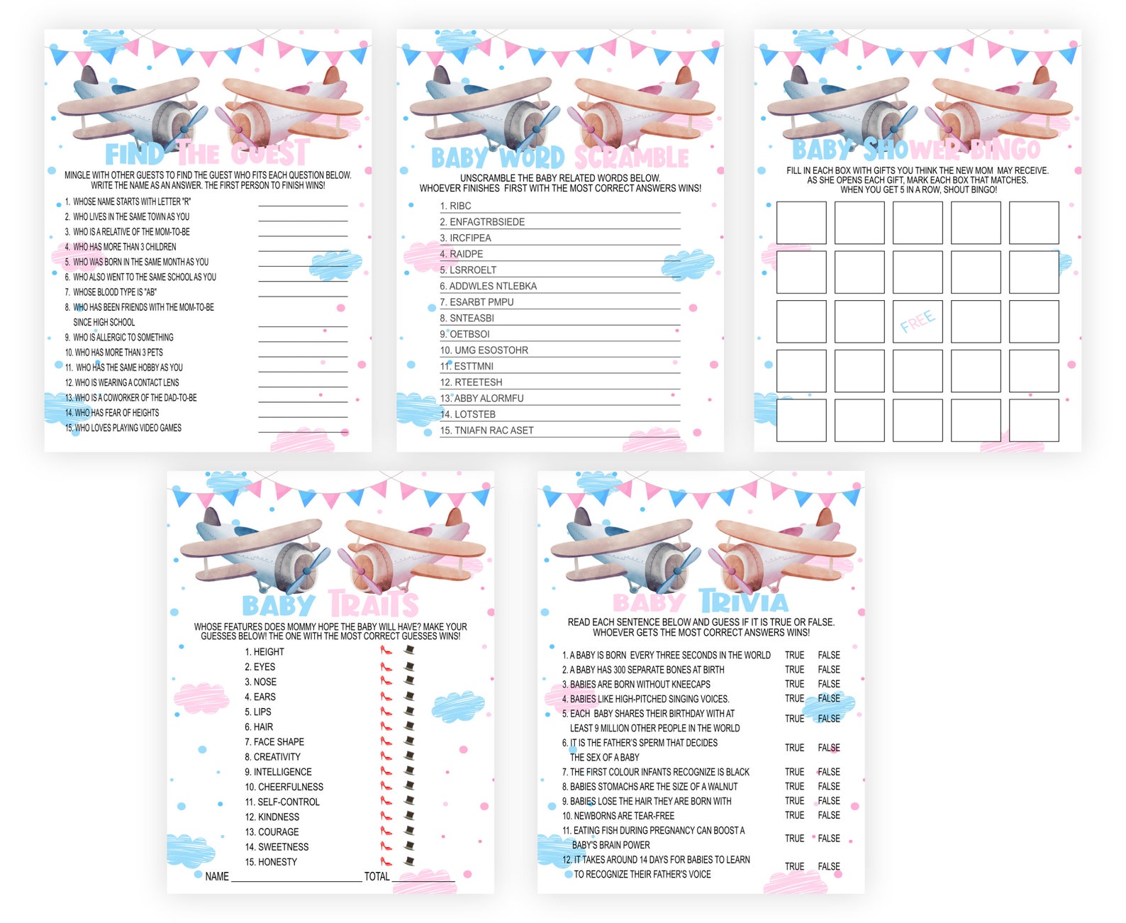 Airplane Gender Reveal Game Bundle Airplane Gender Reveal - Etsy