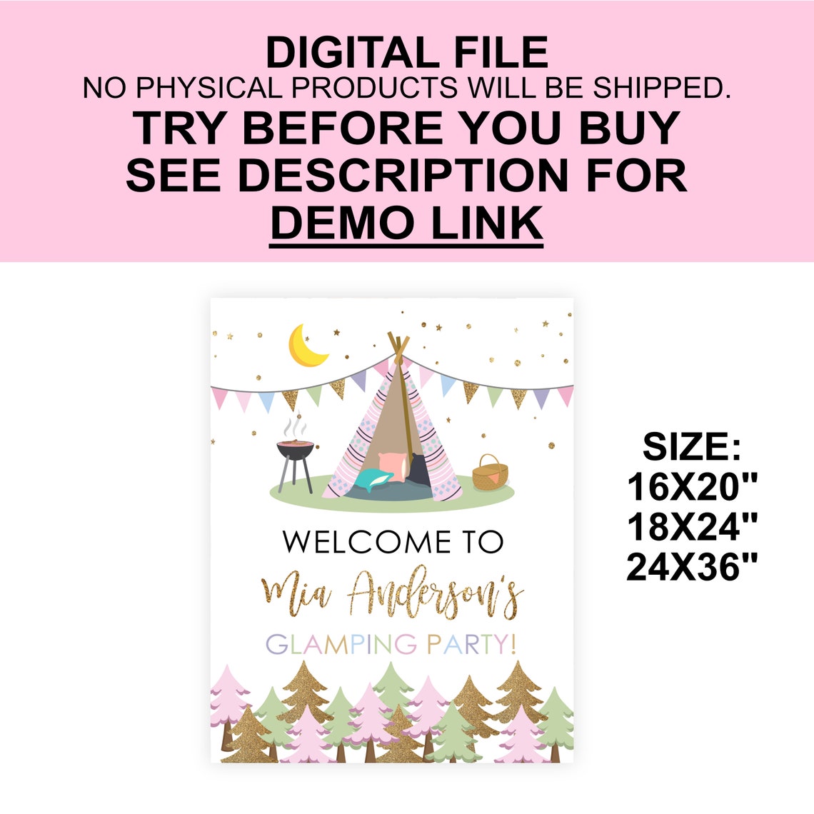Editable Glamping Welcome Sign Camping Birthday Party Welcome Sign ...