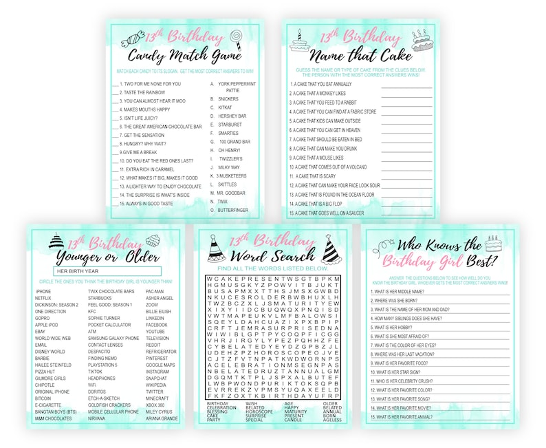 13th Birthday Party Games for Girls Thirteenth Birthday Game - Etsy