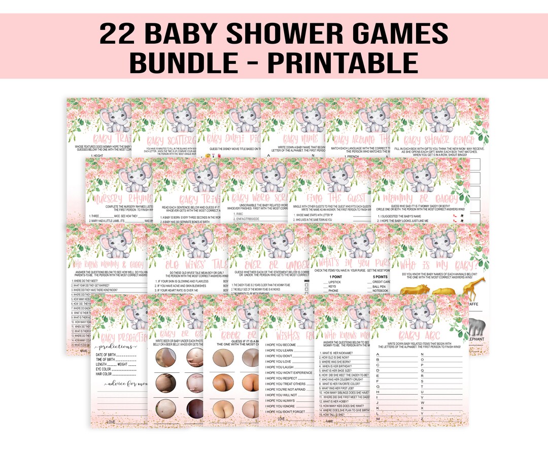Baby Girl Pink Elephant Baby Shower Game Bundle, Pink Elephant Baby ...