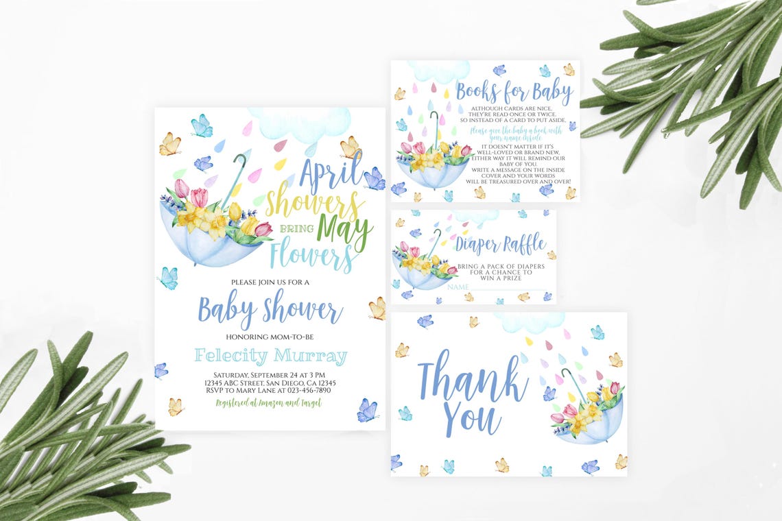 Editable April Showers Invitation Set Blue Umbrella Rain Invite Spring ...