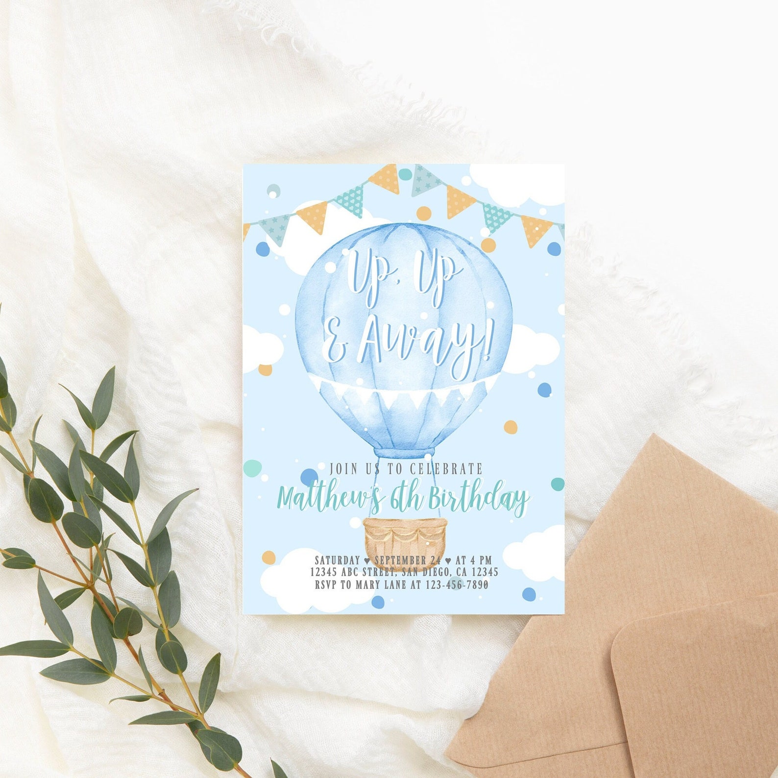 Editable Hot Air Balloon Birthday Invitation Blue Boy Hot Air | Etsy