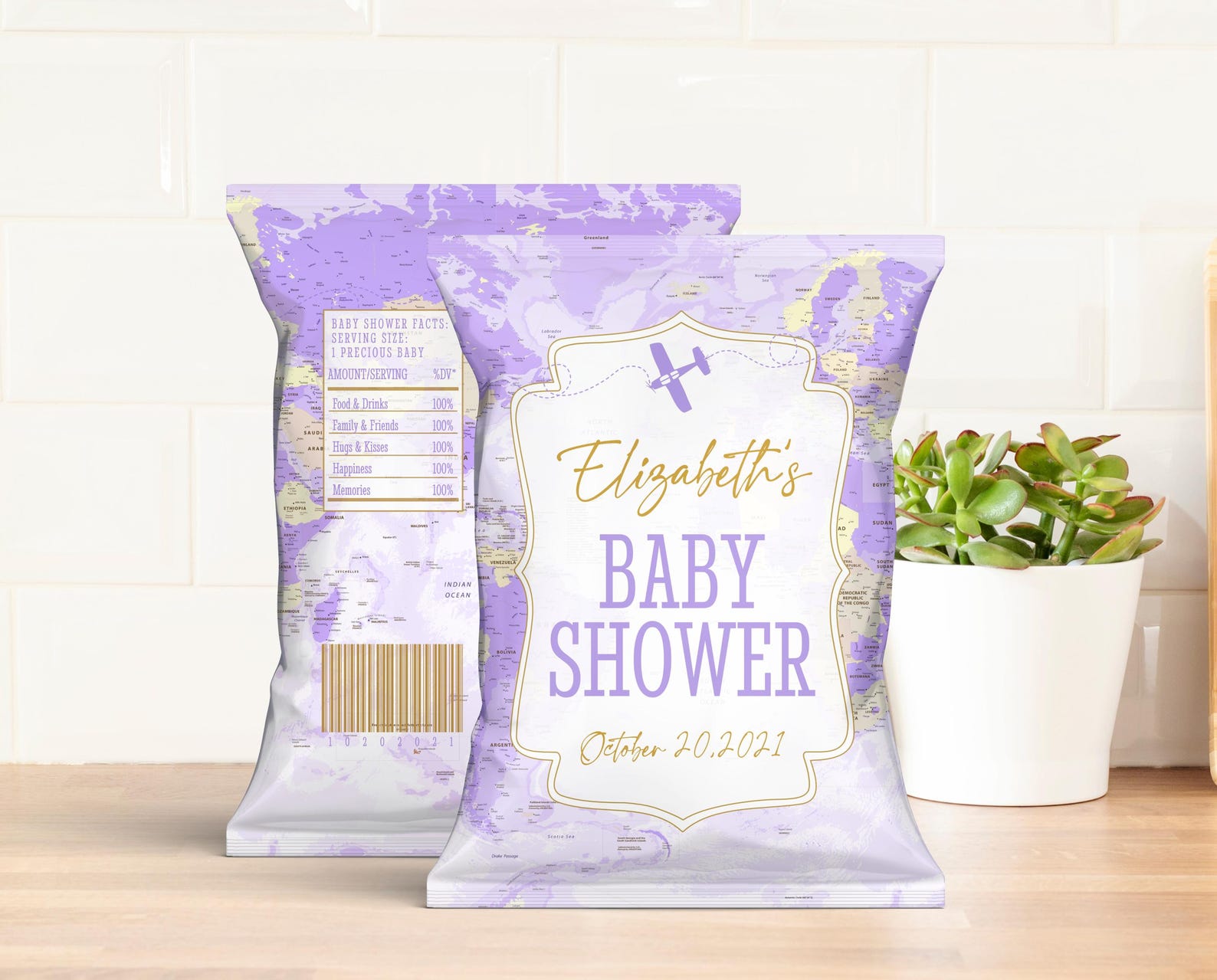 Editable Purple World Map Chip Bag Label: Travel Baby Shower (printable ...