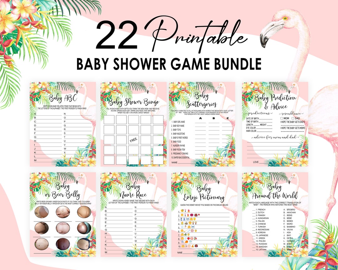 Tropical Baby Shower Games Bundle Pack Set , Flamingo Pink Baby ...