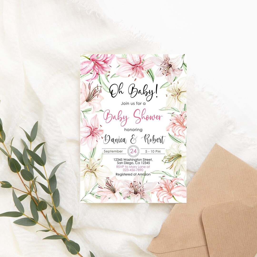 Editable Lily Baby Shower Invitation White Pink Lily Baby Shower Party ...