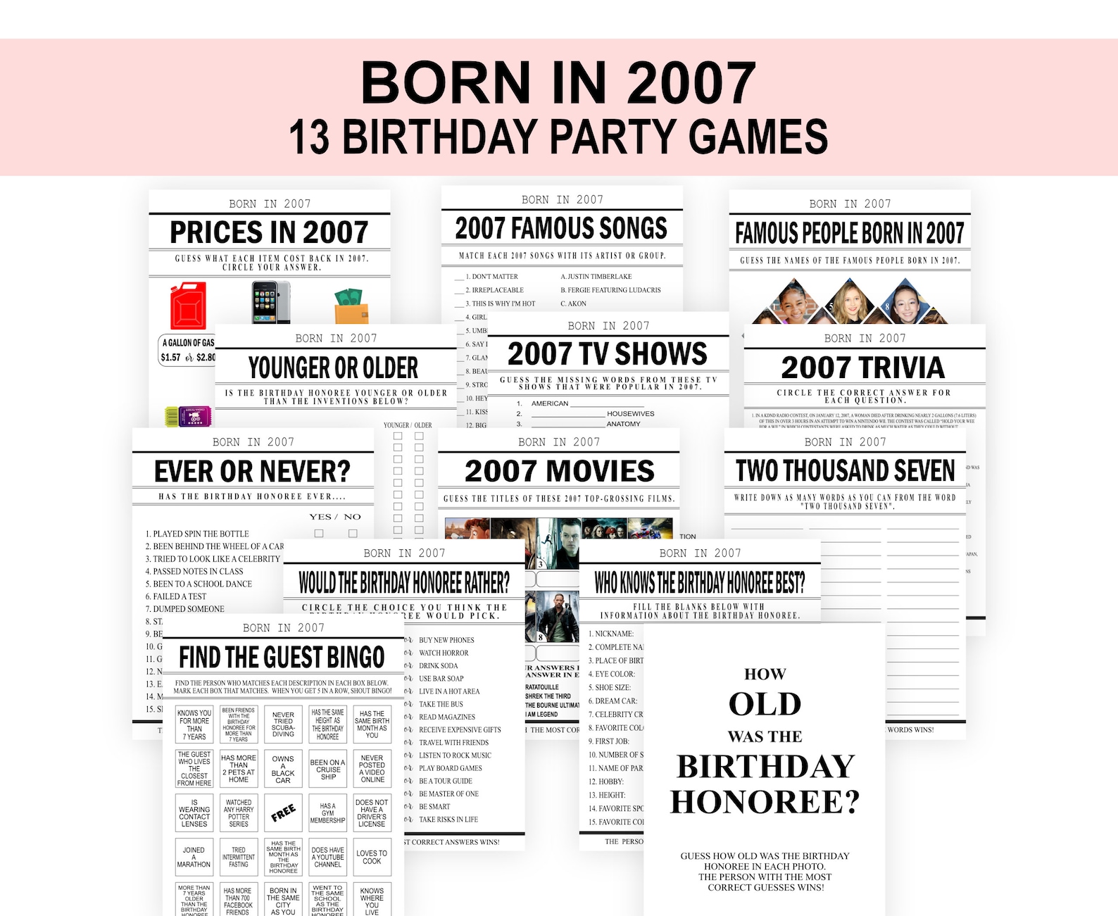 19th Birthday Party Games, Born in 2007 Birthday Games Bundle, 2007 ...