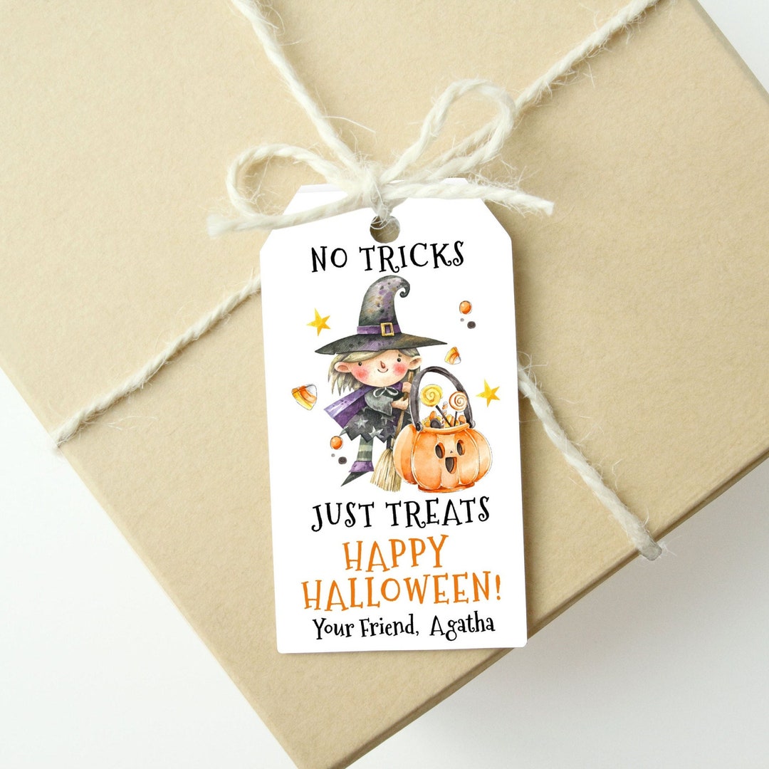Editable Halloween Tag No Tricks Just Treats Favor Gift Tag Witch ...