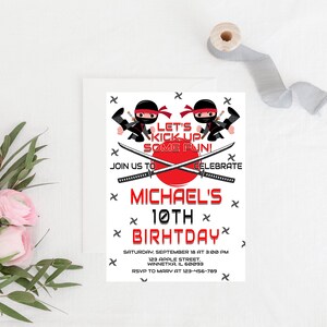 Editable Ninja Birthday Invitation White Red Black Martial Arts ...
