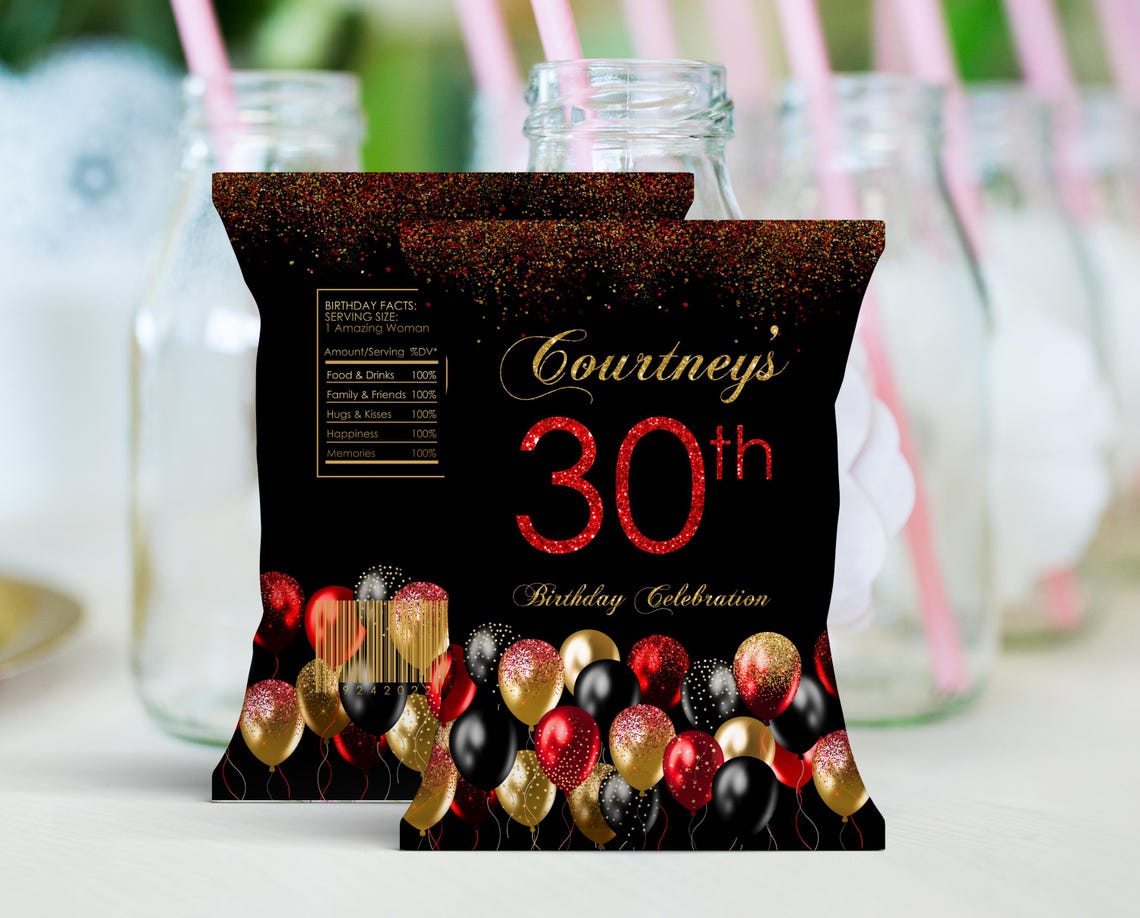 Editable Balloon Chip Bag Label Red Black Gold Balloon Printable Chip ...