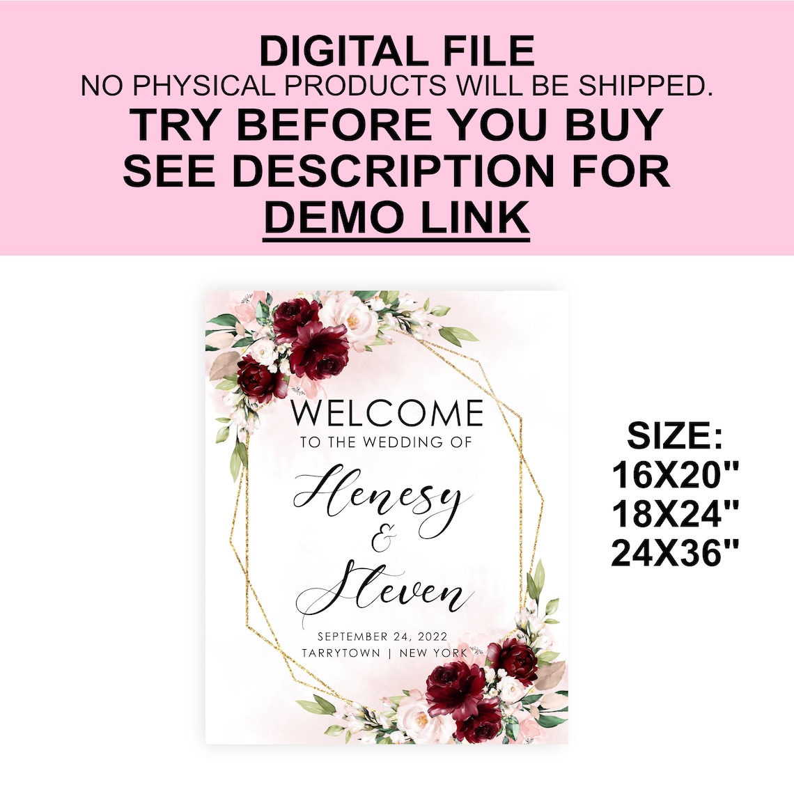 Editable Burgundy Welcome Sign Floral Blush Burgundy Wedding Welcome ...