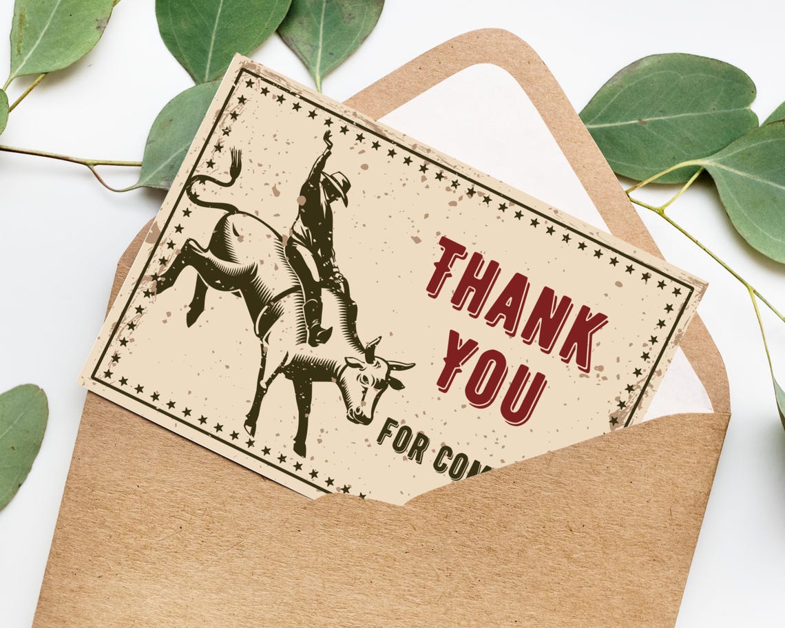 Editable Bull Rodeo Thank You Card Printable Cowboy Rustic Bull Theme ...