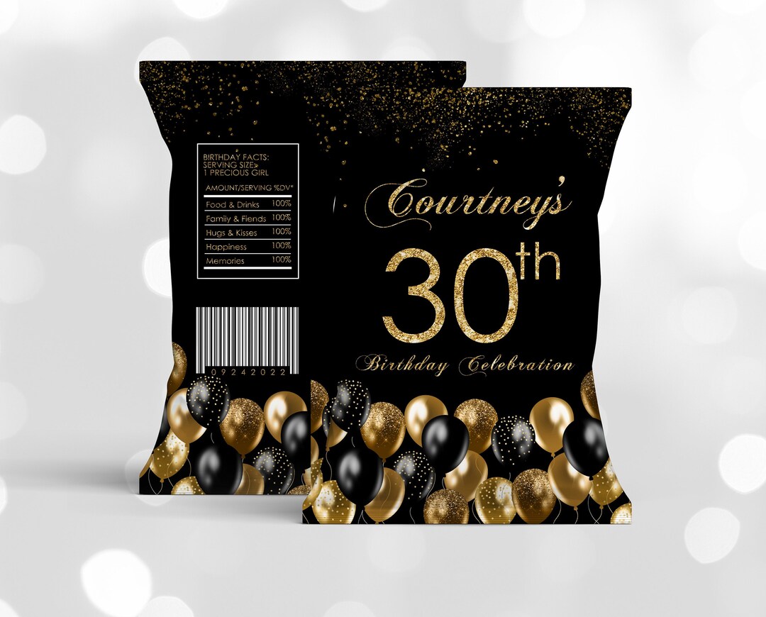 Editable Gold Black Balloon Chip Bag Label PRINTABLE Gold Black Chip ...