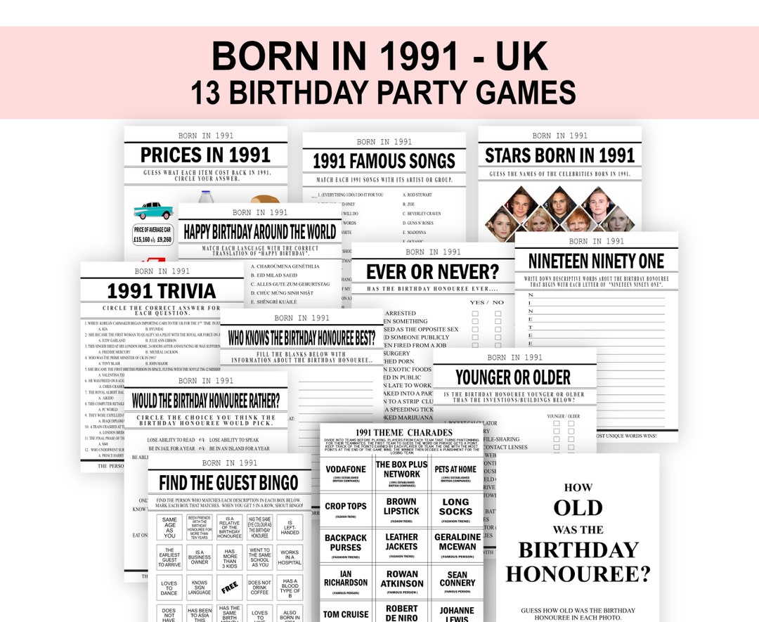 34th Birthday Party Games Born in 1991 Birthday Game Bundle UK British ...
