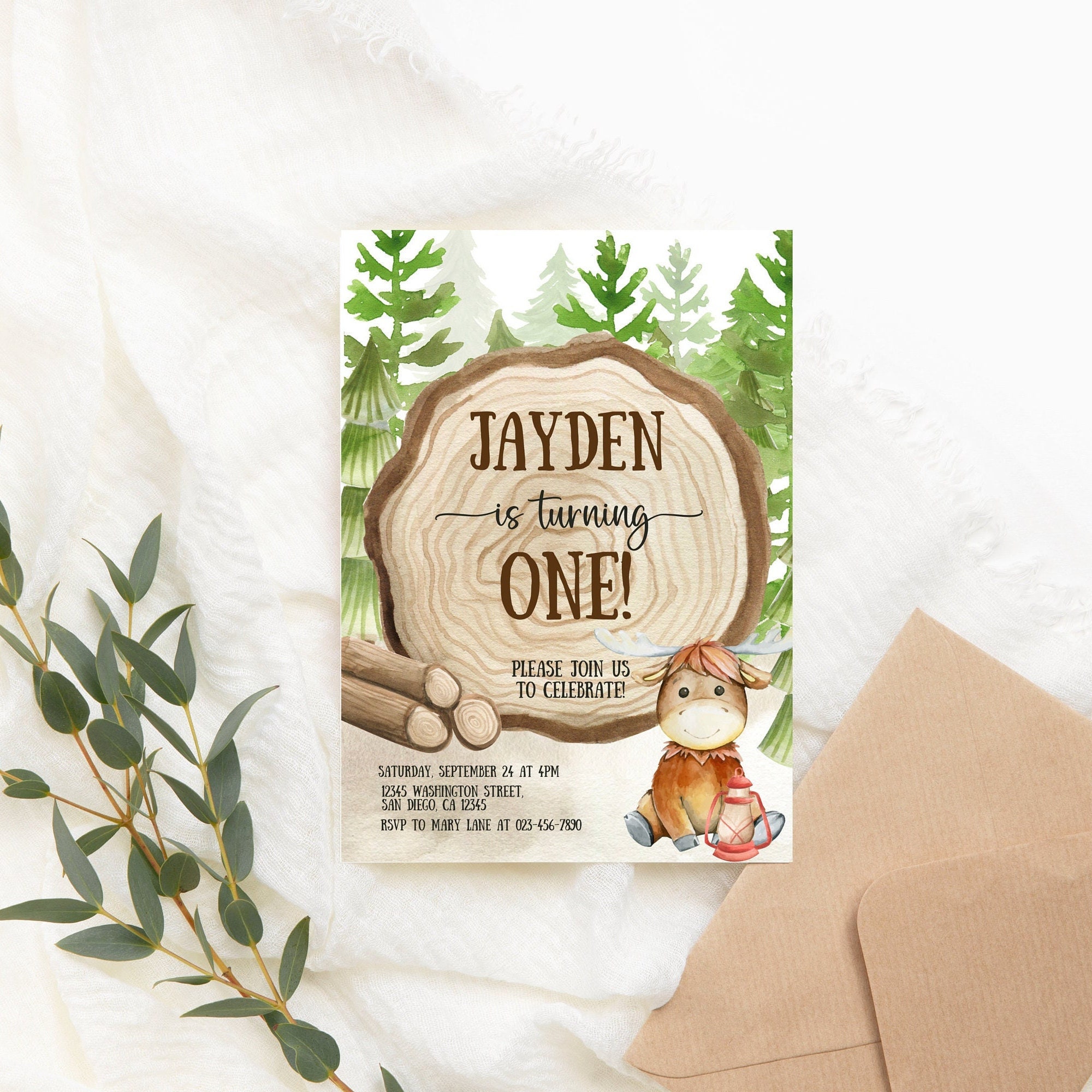 Editable Moose Birthday Party Invitation: 1st Forest Jungle Invite ...