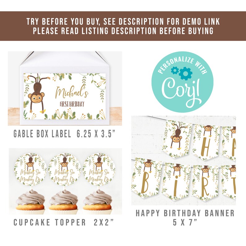 Editable Monkey Birthday Invitation Bundle Pack Boy First Birthday ...
