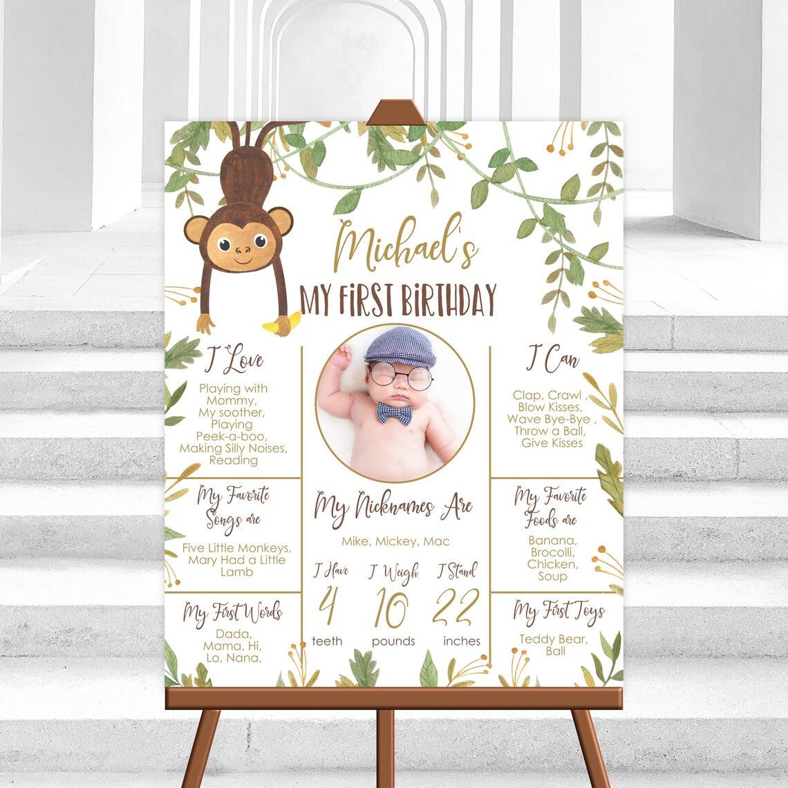 Editable Monkey Birthday Milestones Sign Cheeky Little First Birthday ...