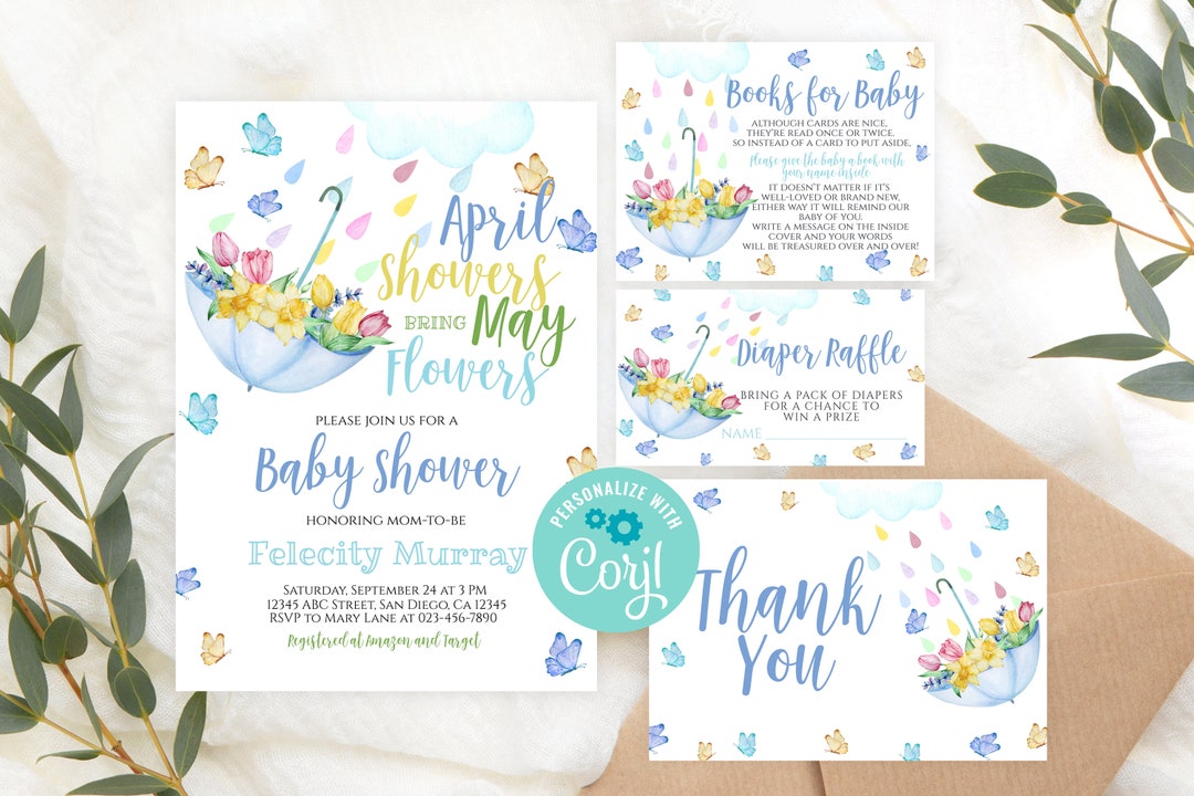 Editable April Showers Invitation Set Blue Umbrella Rain Invite Spring ...