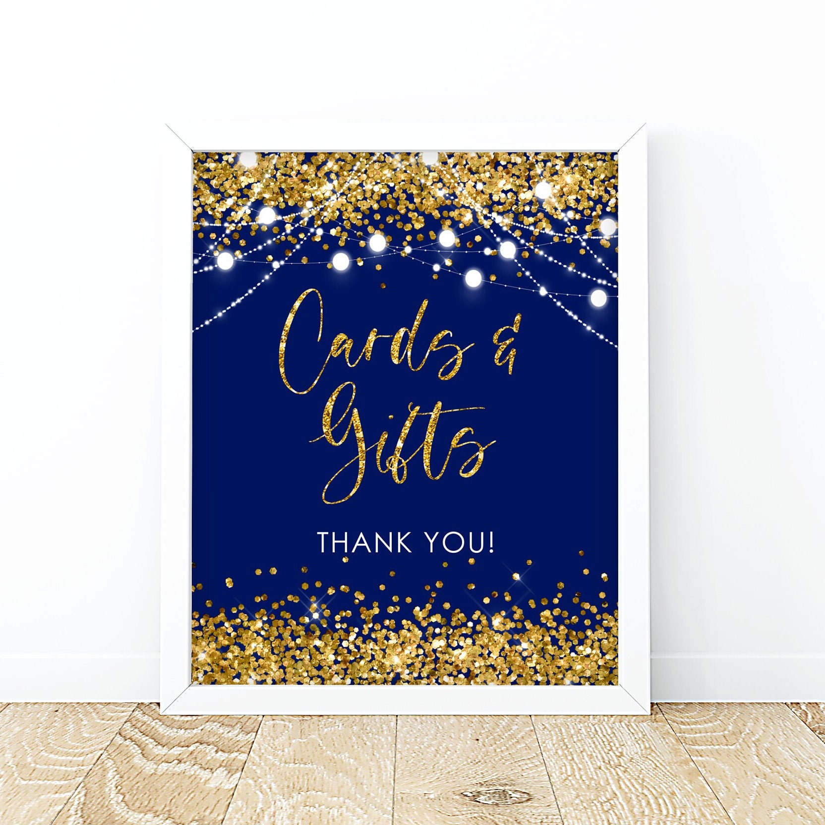 Blue & Gold Glitter Cards and Gifts Sign: Birthday Party Decor ...