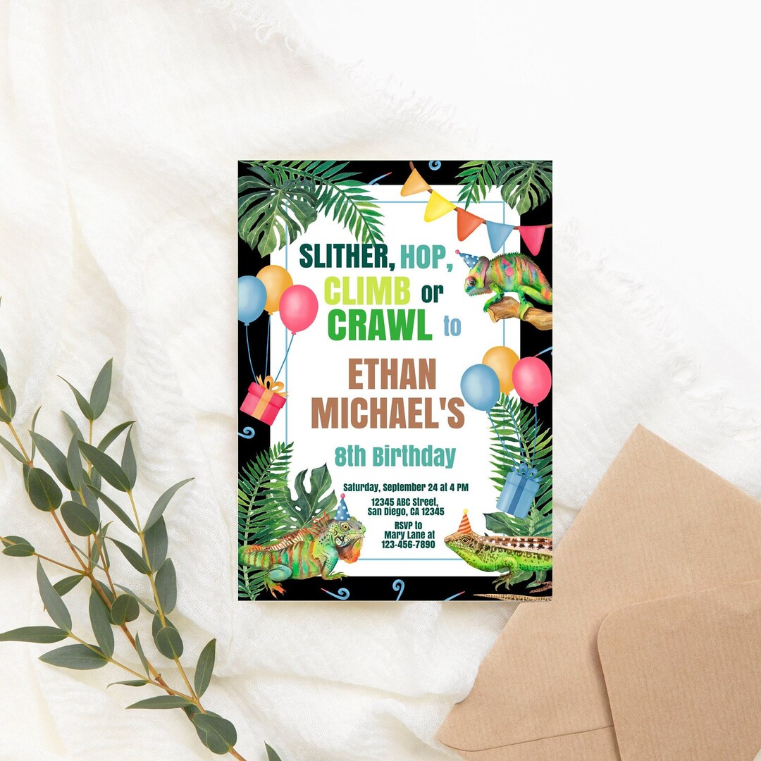 Editable Lizard Birthday Invitation Lizard Birthday Party Invitation ...