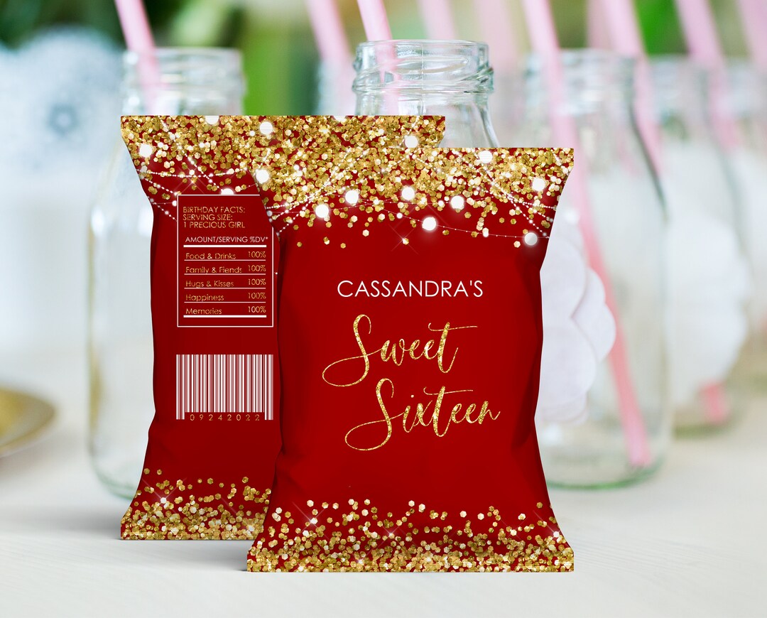 Editable Red Chip Bag Label PRINTABLE Red Gold Glitter Chip Bag Favor ...