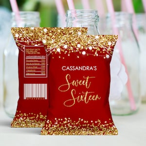 Editable Red Chip Bag Label PRINTABLE Red Gold Glitter Chip Bag Favor ...
