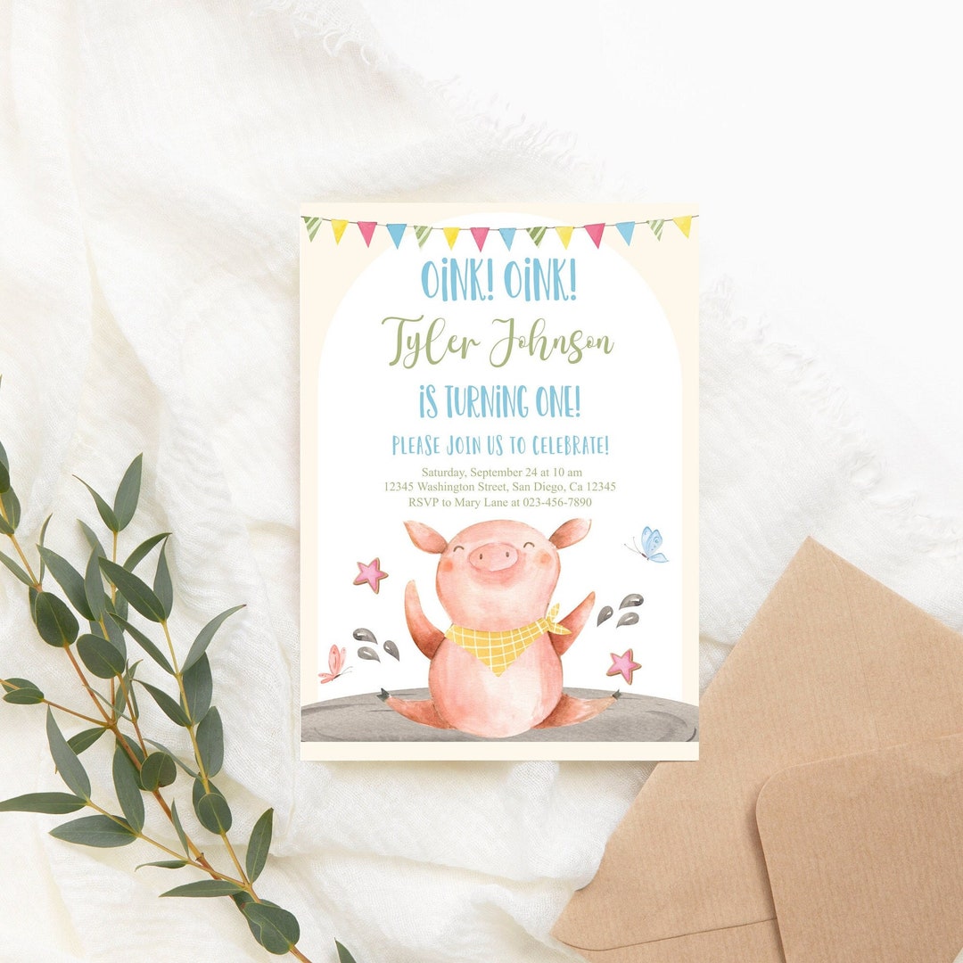 Editable Pig Birthday Invitation Pig Birthday Party Invite Cute Little ...