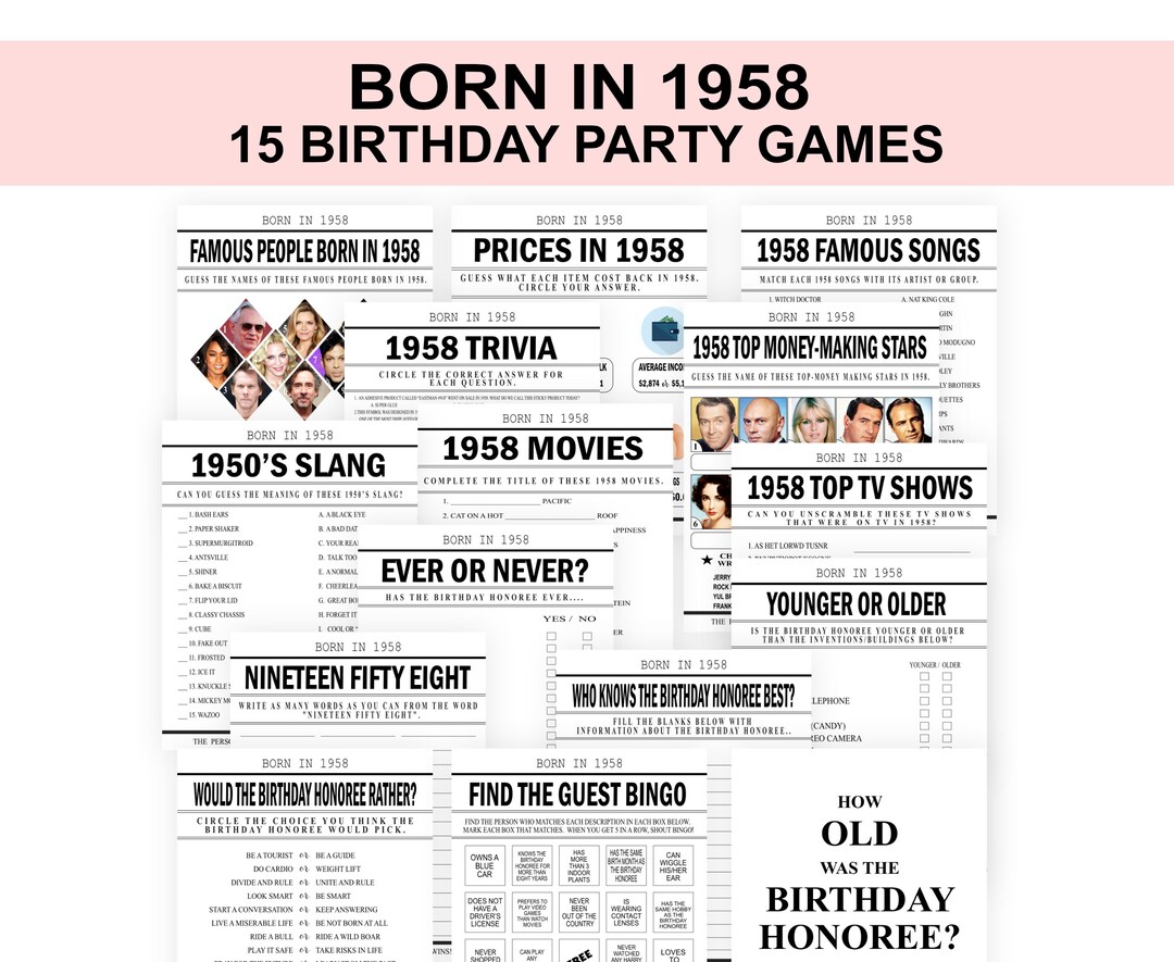 67th Birthday Games Born in 1958 Birthday Party Game Bundle 1958 Trivia ...