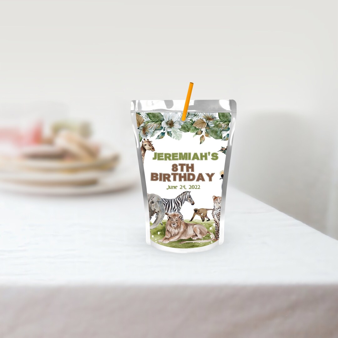 Editable Jungle Animals Juice Pouch Label Birthday Party Pack Favor ...
