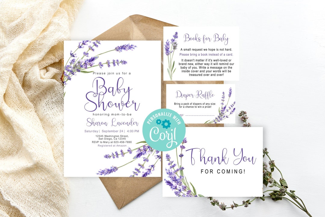 Editable Lavender Baby Shower Invitation Set Violet Floral Invite Spring Purple Flower Baby ...