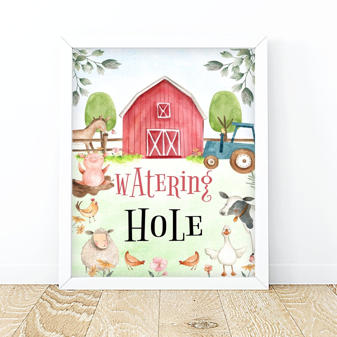 Farm Animals Watering Hole Sign: Barnyard Birthday Party Decor (digital ...